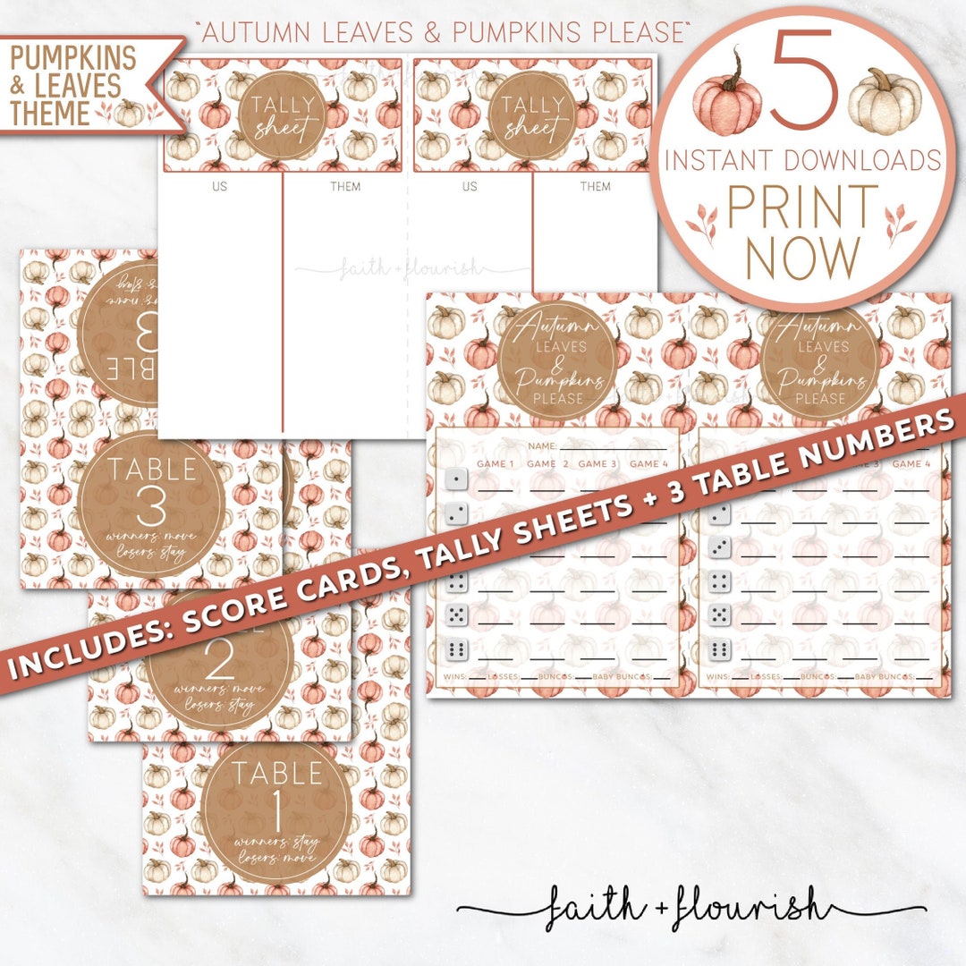 Printable Pumpkins and Leaves Bunco Bundle Set, Fall Watercolor Bunco ...