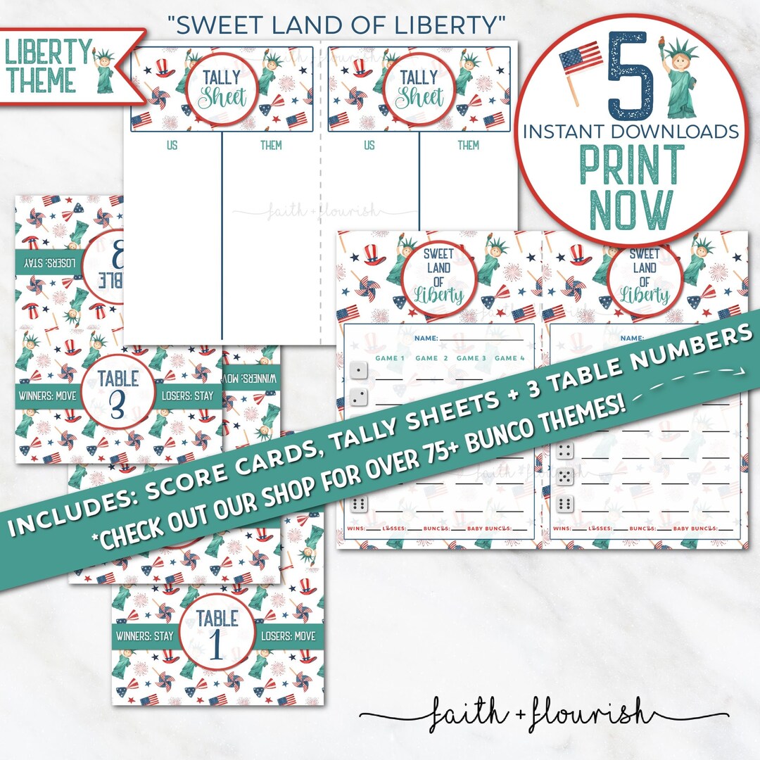 Printable Liberty Bunco Bundle Set, Patriotic Fourth of July Bunco ...