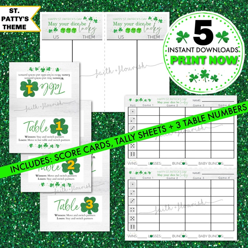 Printable Saint Patrick's Day Bunco Set | Score Cards, Tally Sheets ...