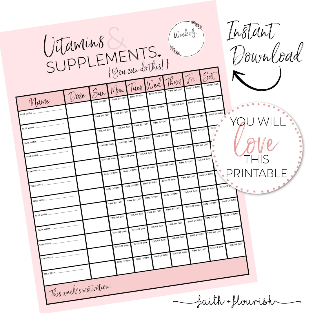 Printable Food Vitamin Supplement Tracker | Fitness Wellness | Weekly ...