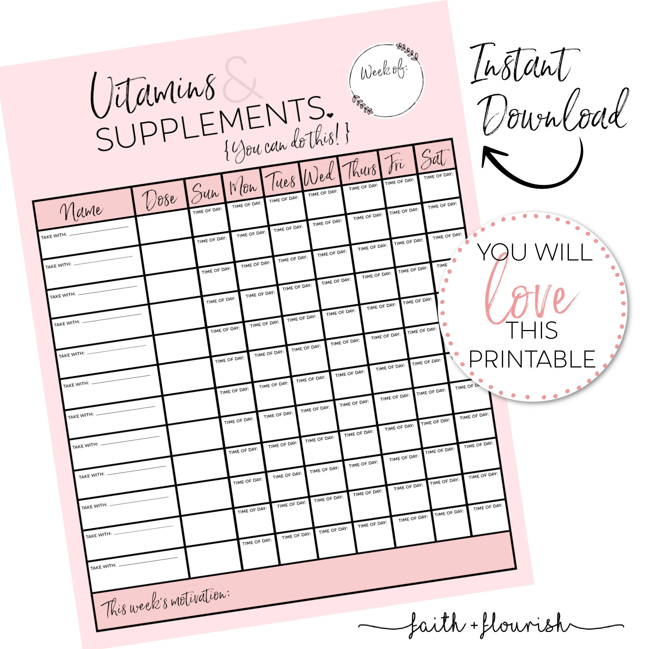 Printable Food Vitamin Supplement Tracker | Fitness Wellness | Weekly ...