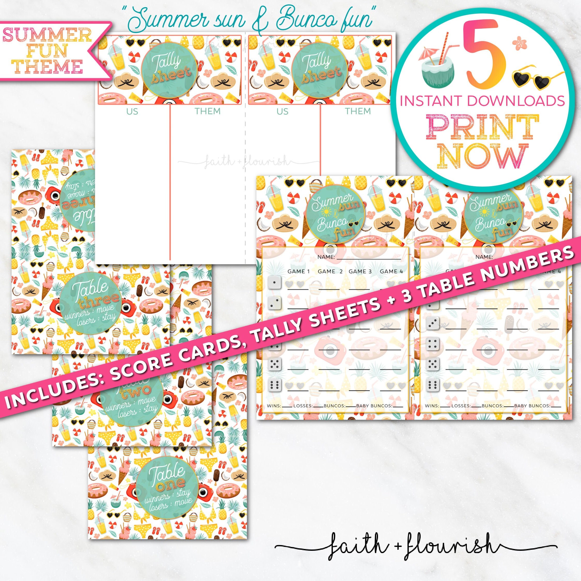 Printable Summer Fun Bunco Bundle Set, Pool Party Bunco, Pineapple ...