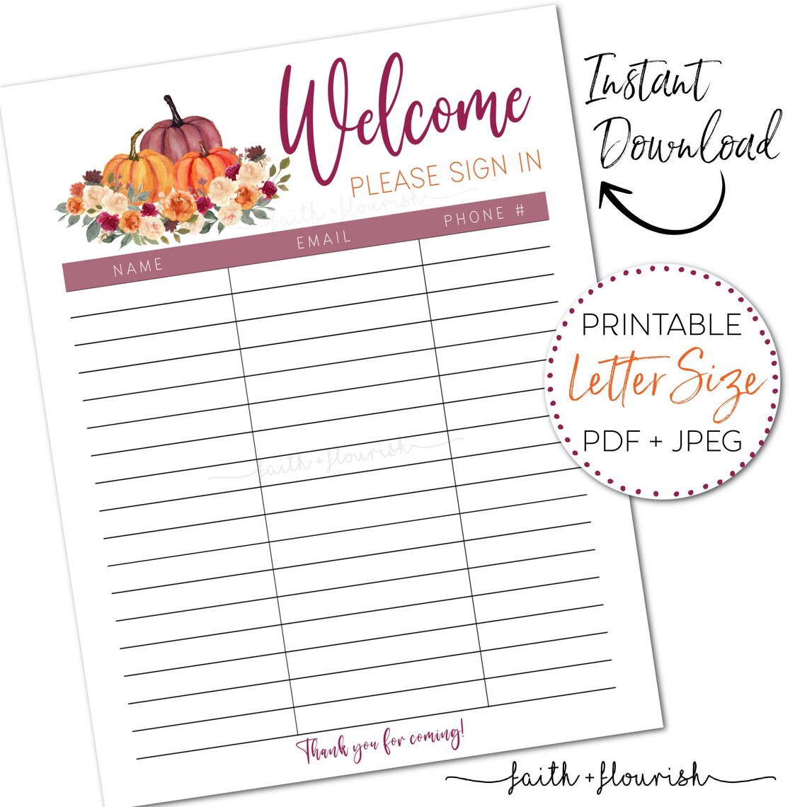 Fall Pumpkin Floral Sign in Sheet, Printable Guest Sign up (PDF, JPEG ...