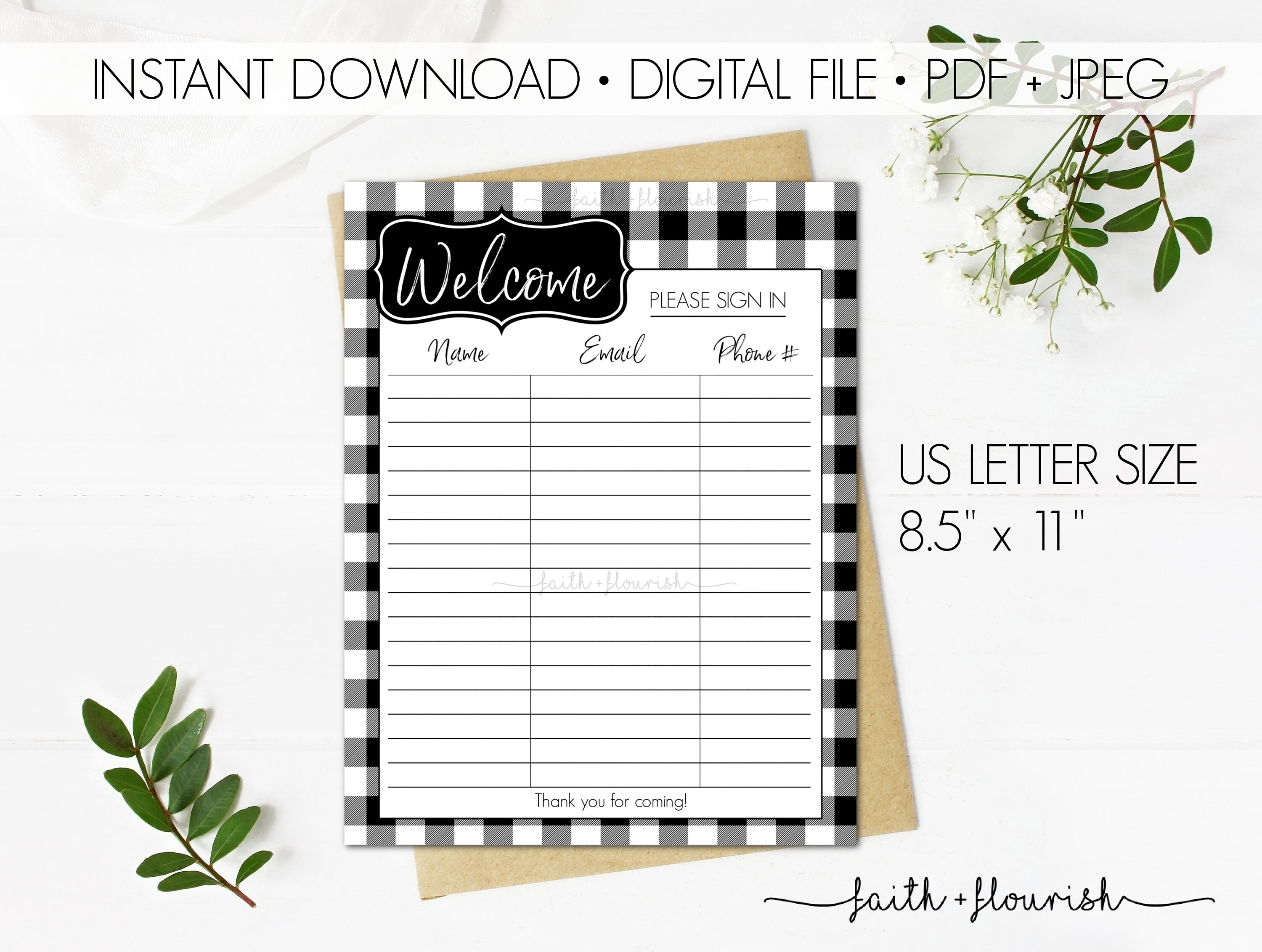 Printable Buffalo Check Sign in Sheet, Black and White Sign in Sheet ...