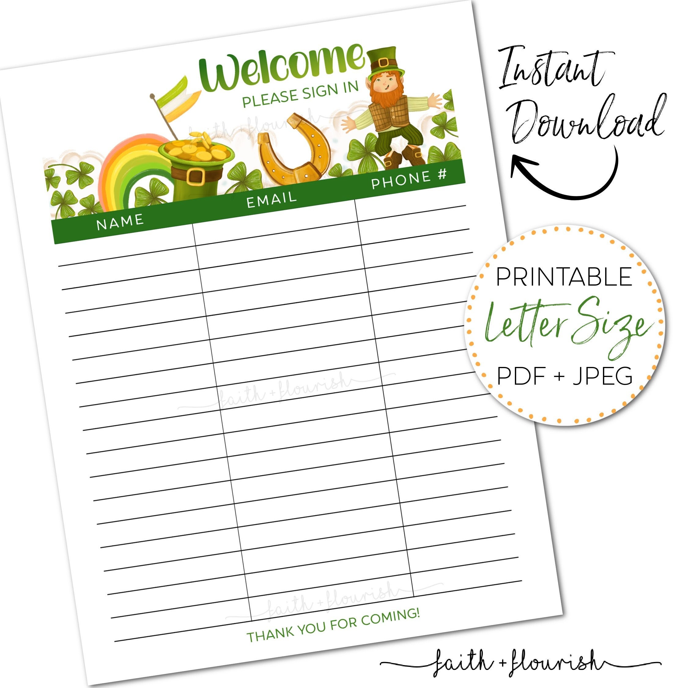 St Patrick's Day Sign-in Sheet, Business, Open House (PDF, JPEG) - Etsy