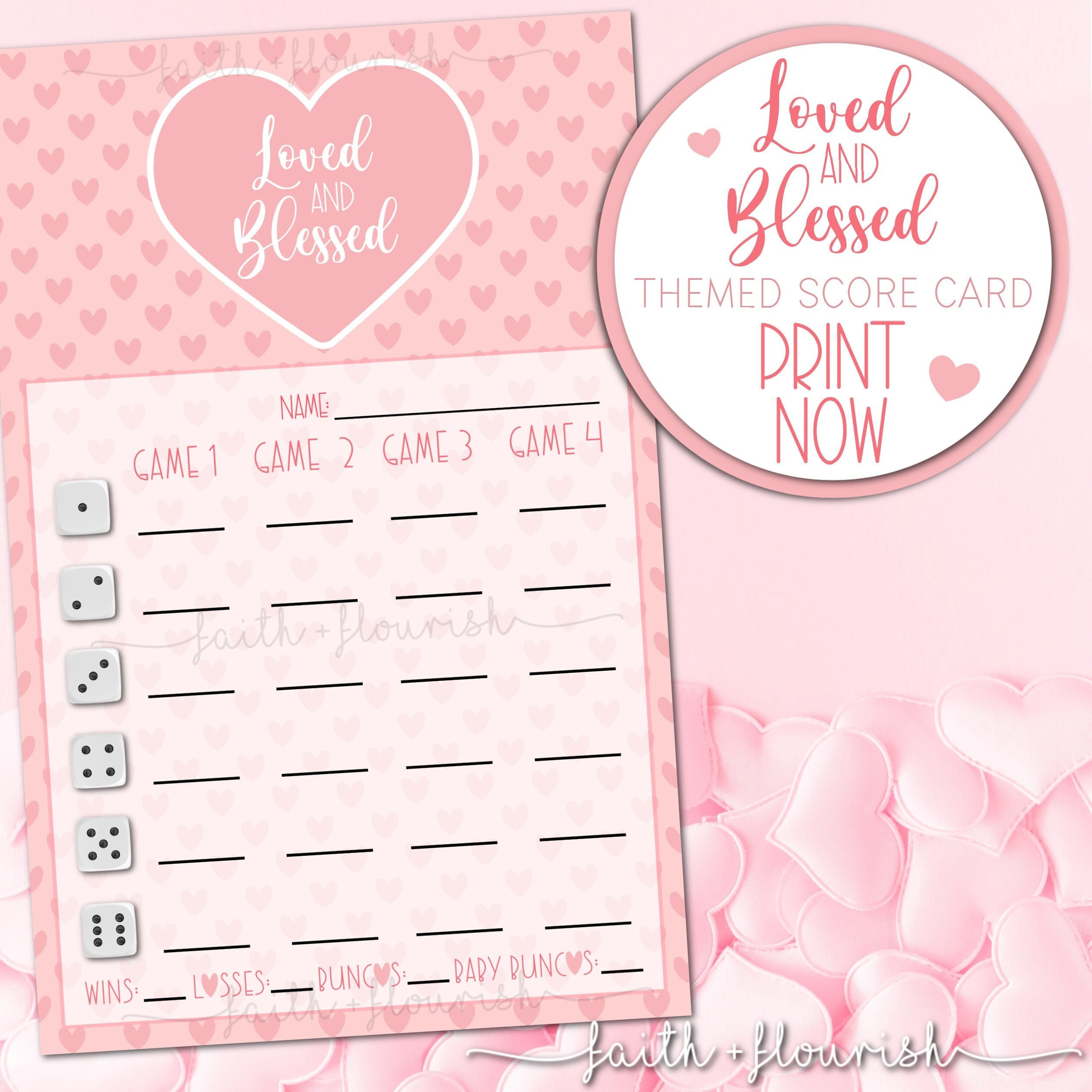 Loved and Blessed Bunco Score Card, Pink Heart Design (digital Download ...