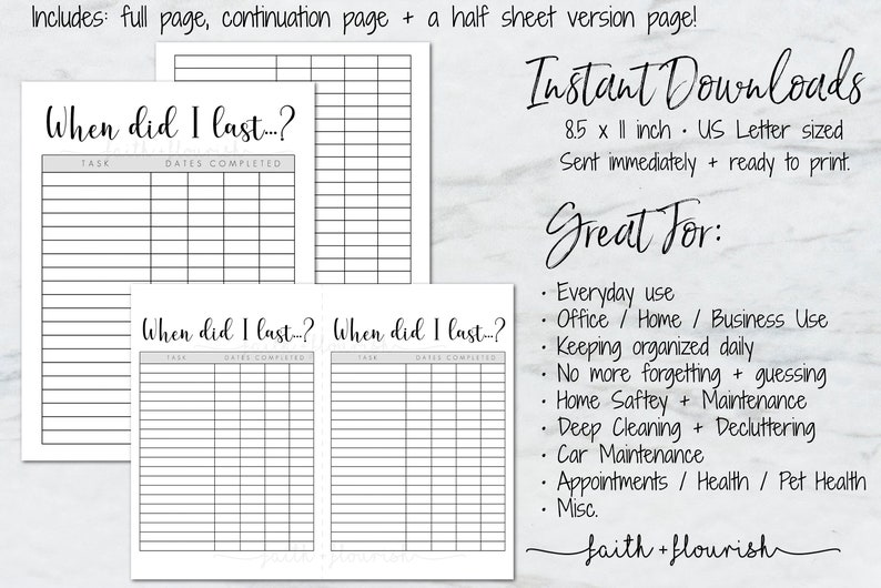 Printable When Did I Last Organization Sheet, Daily Task Journal Log ...