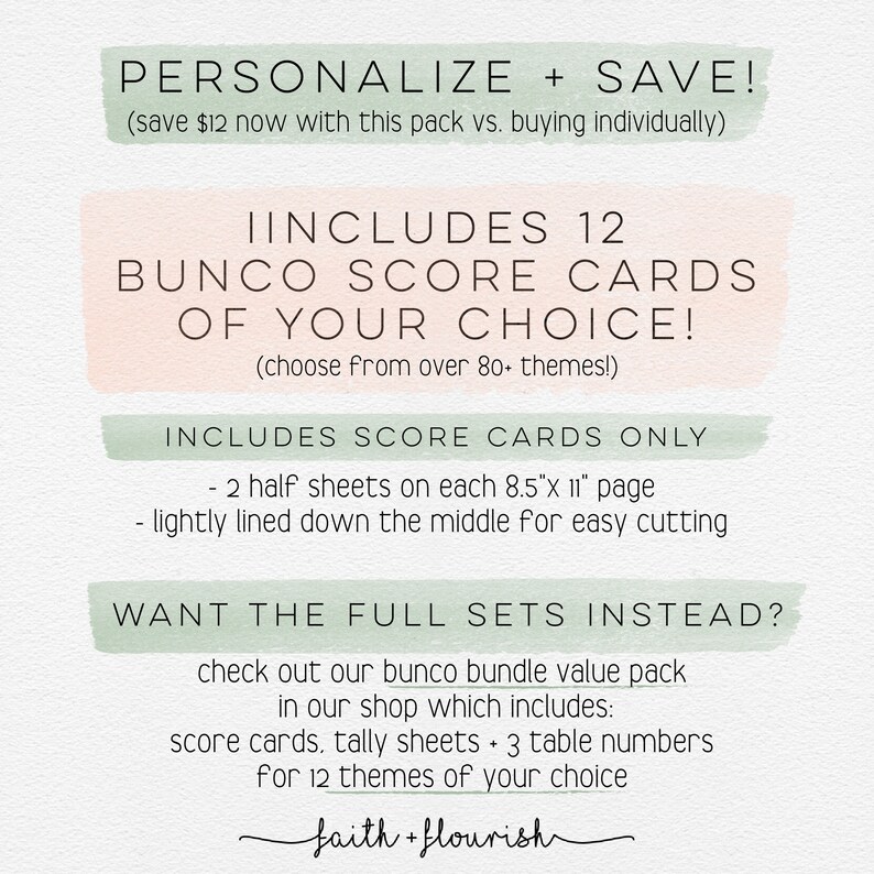 Themed Bunco Score Card Value Pack, 12 Themes of Your Choice (digital ...