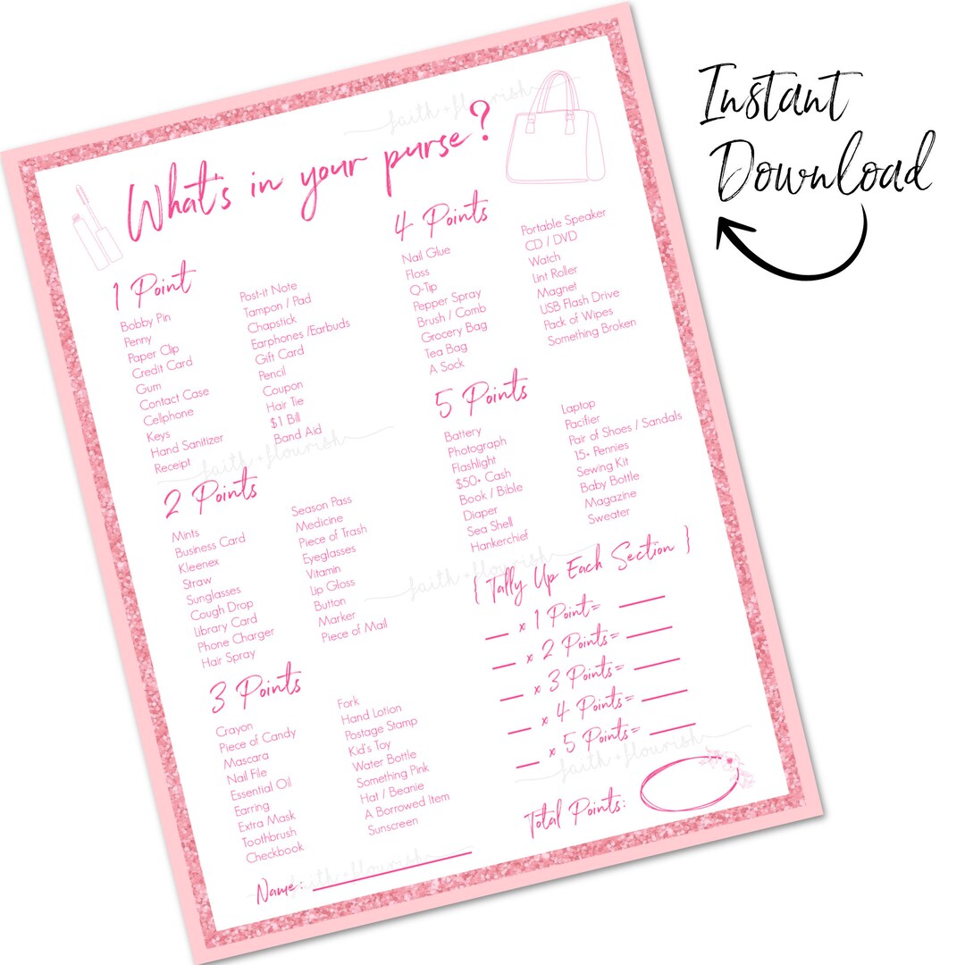 Printable What's in Your Purse Game, Instant Download, Girl Baby Shower ...