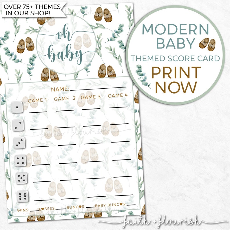 Printable Eucalyptus Baby Shower Bunco Score Card, Neutral Moccasins ...