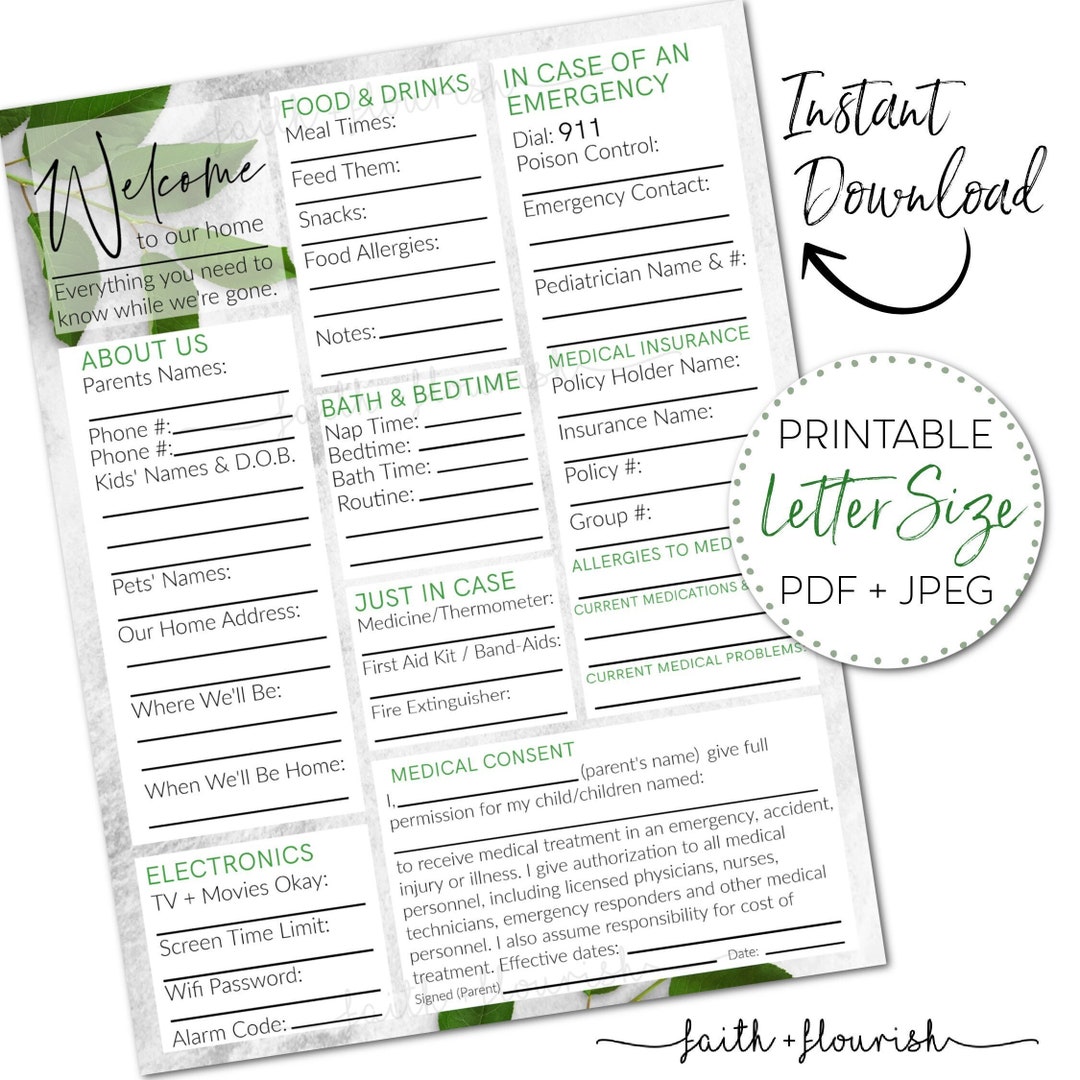 Printable Parents Babysitter and Nanny Cheat Sheet Guide, Emergency ...