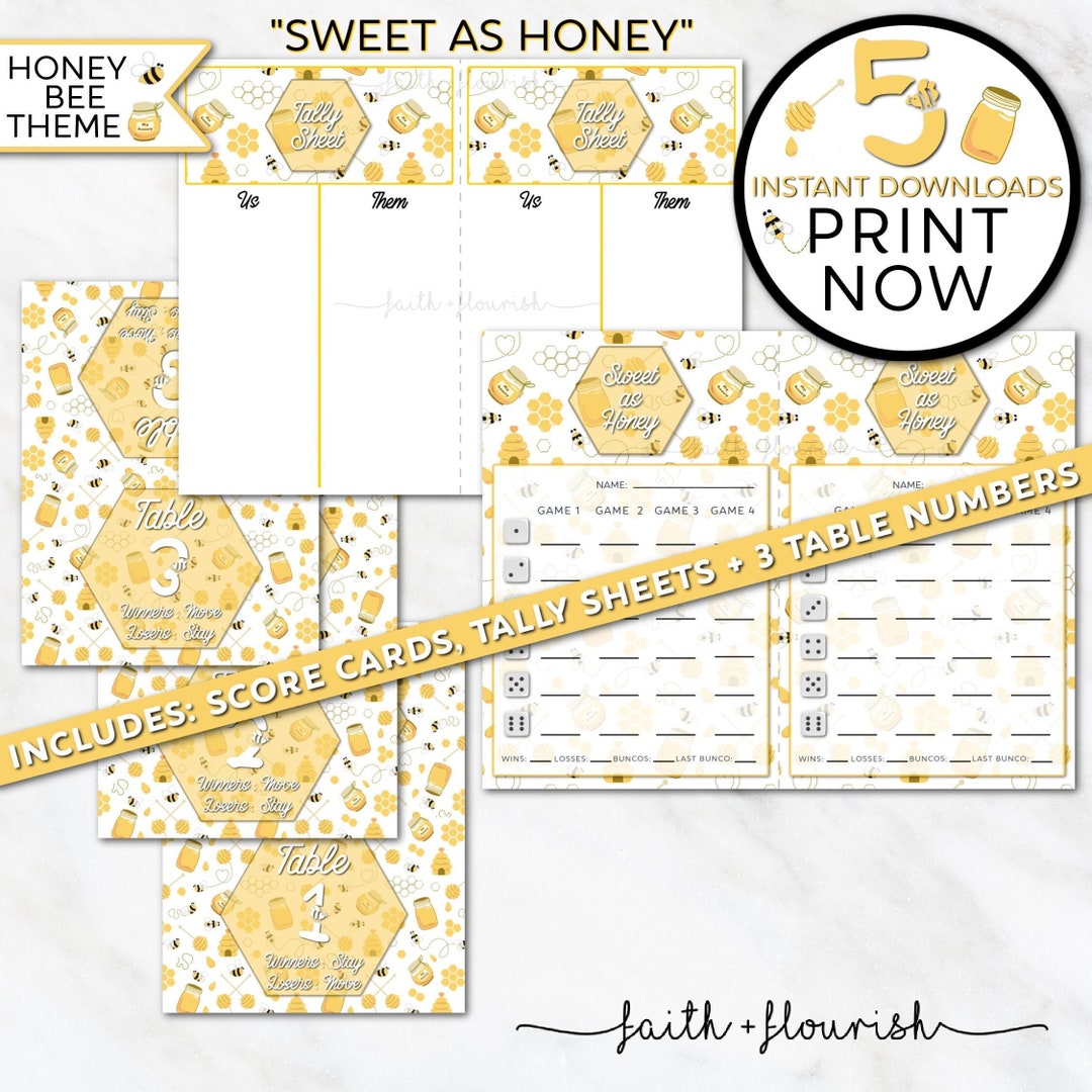 Honey Bee Bunco Printable Set, Score Cards, Tally Sheets (instant ...