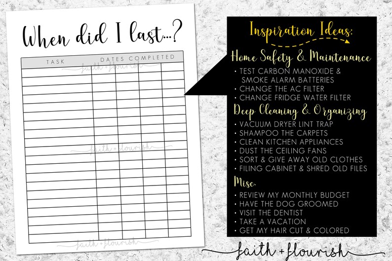 Printable When Did I Last Organization Sheet, Daily Task Journal Log ...