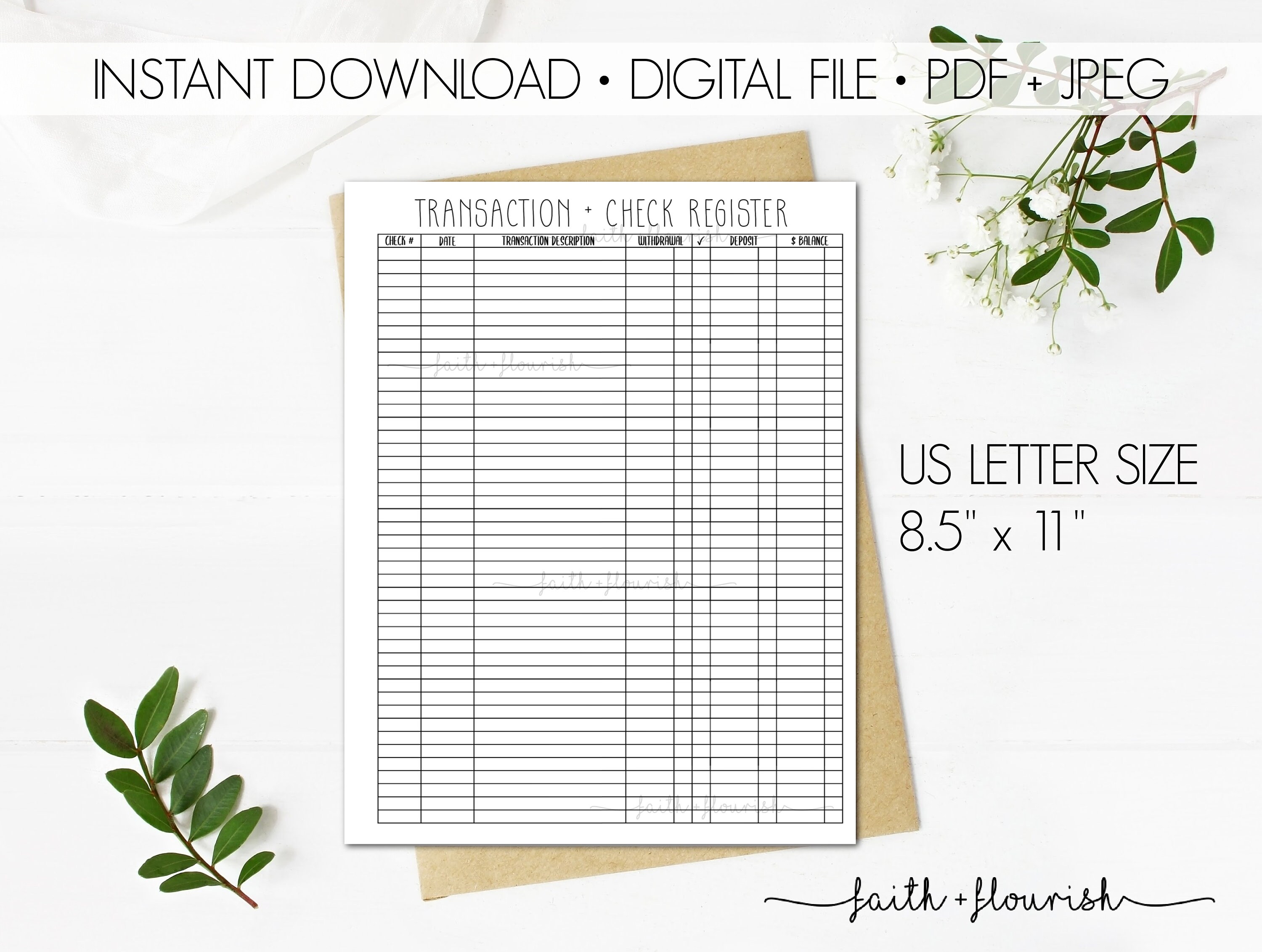 Printable Transaction + Check Register Sheet Page, Finance + Banking ...