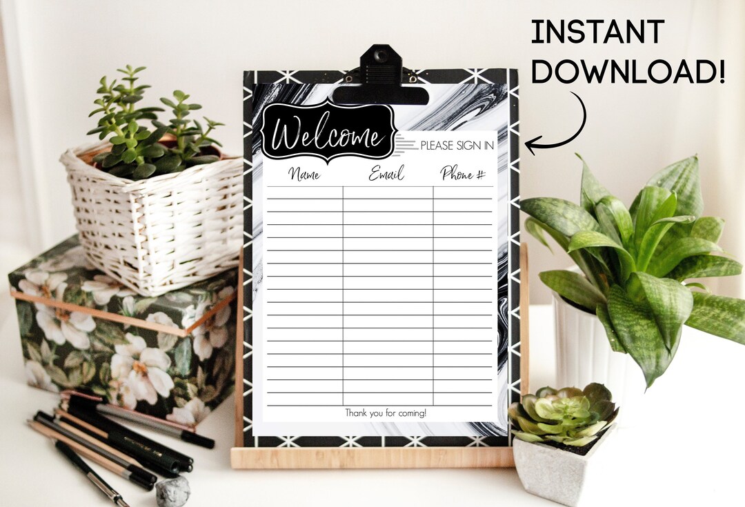 Printable Black and White Marble Sign in Sheet, Instant Download ...