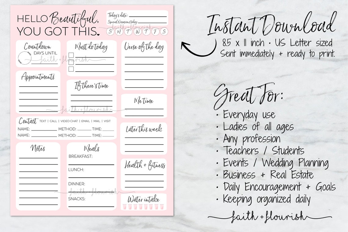 Printable Hello Beautiful Daily Planner Daily Time Organizer - Etsy