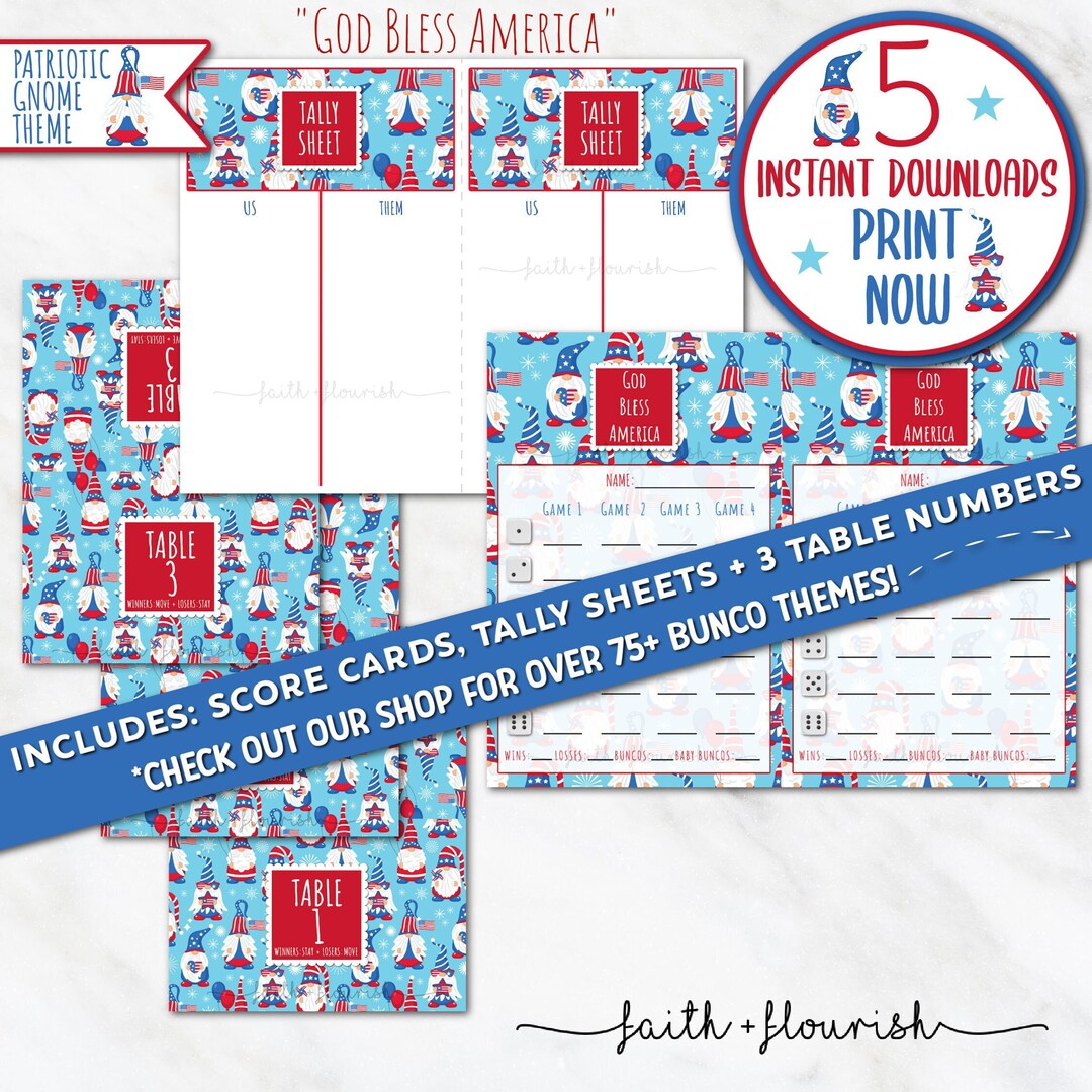 Printable Patriotic Gnome Bunco Bundle Set, 4th of July Bunco, Red ...