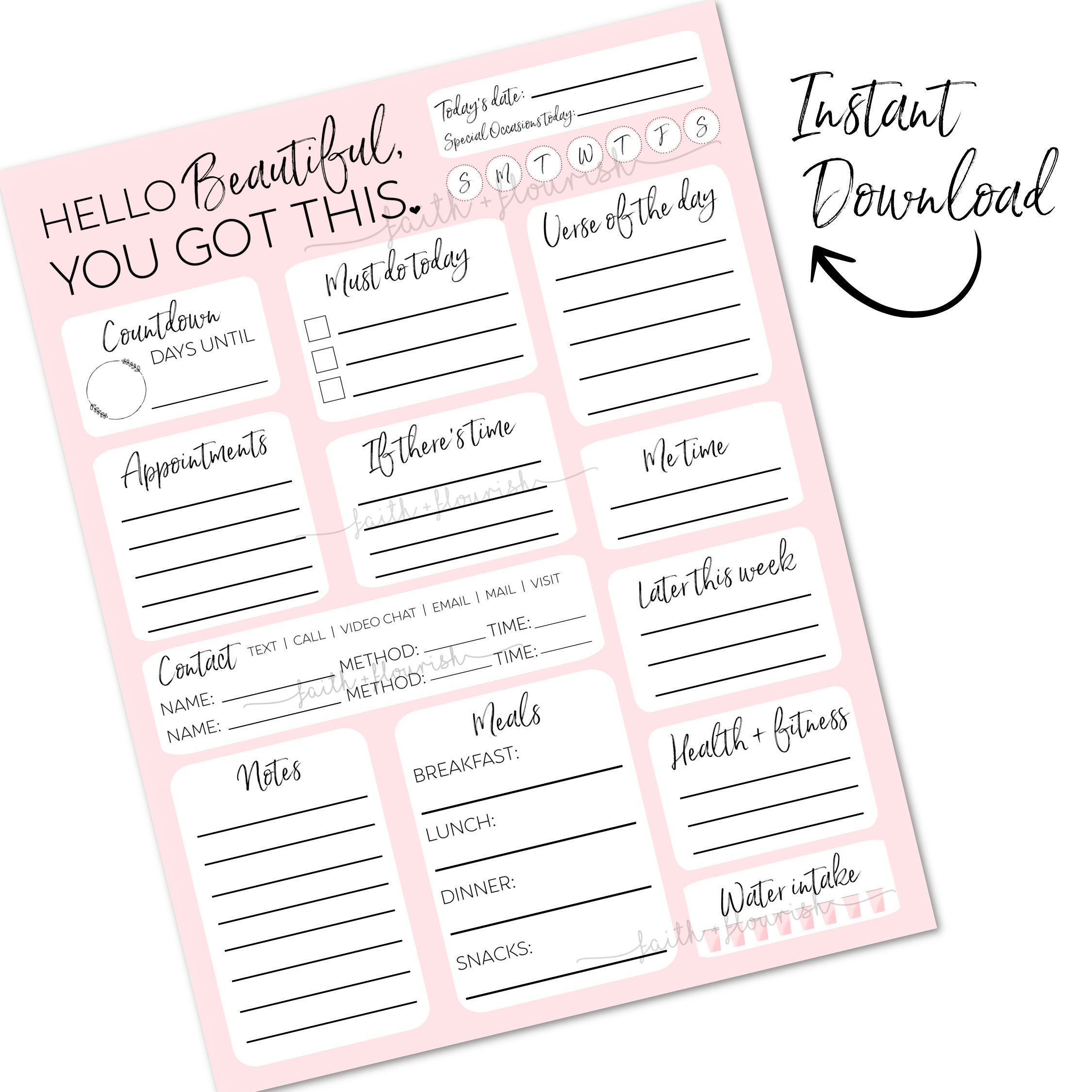 Printable Hello Beautiful Daily Planner | Daily Time Organizer | Water ...