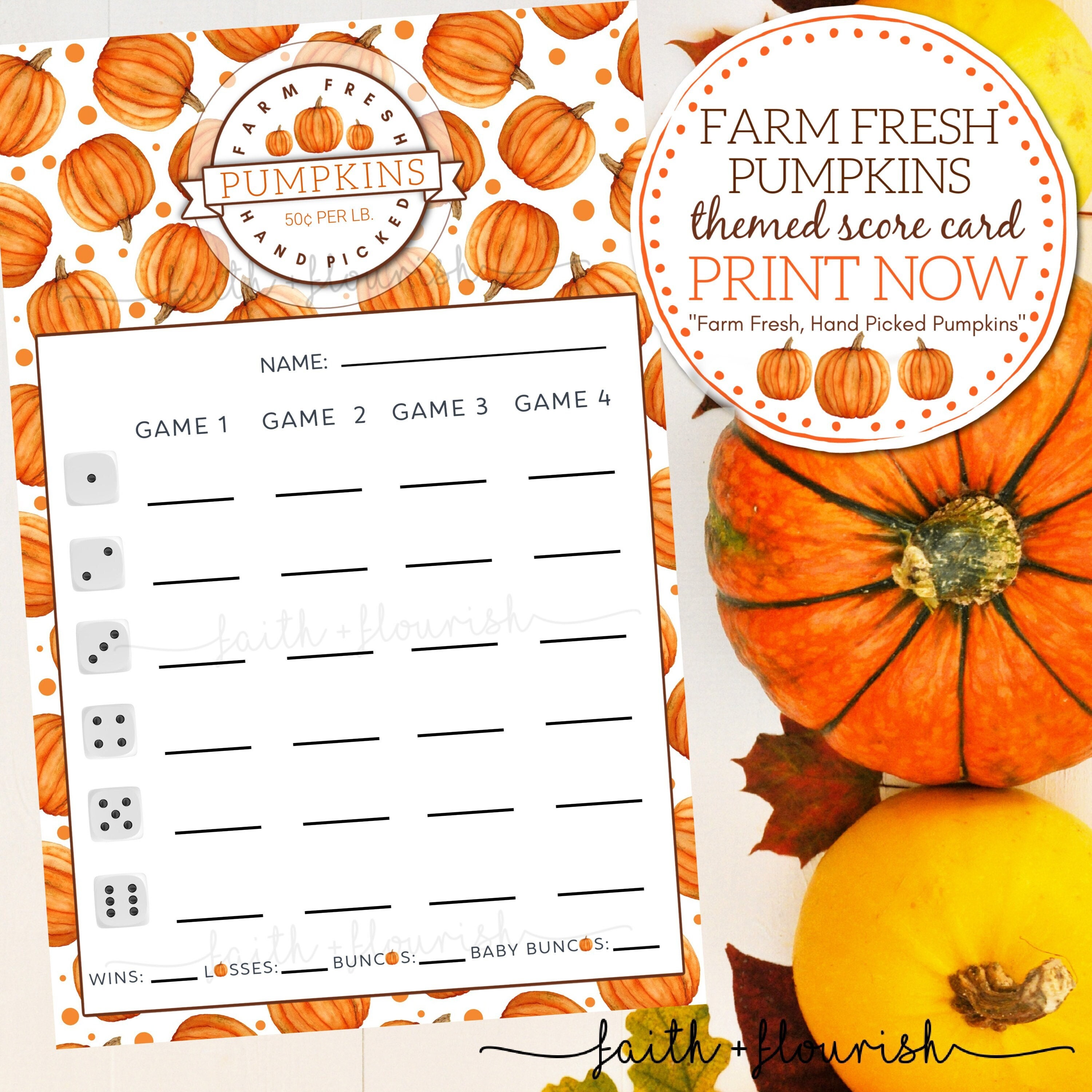 Printable Farm Fresh Pumpkins Bunco Score Card Sheet, Fall and Autumn ...