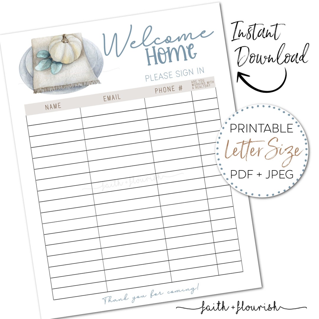 Printable Welcome Home Real Estate and Open House Sign in Sheet, Simple ...