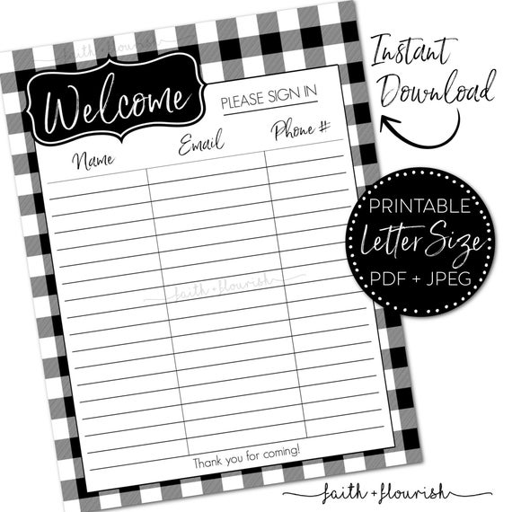 Printable Buffalo Check Sign in Sheet Black and White Sign in | Etsy