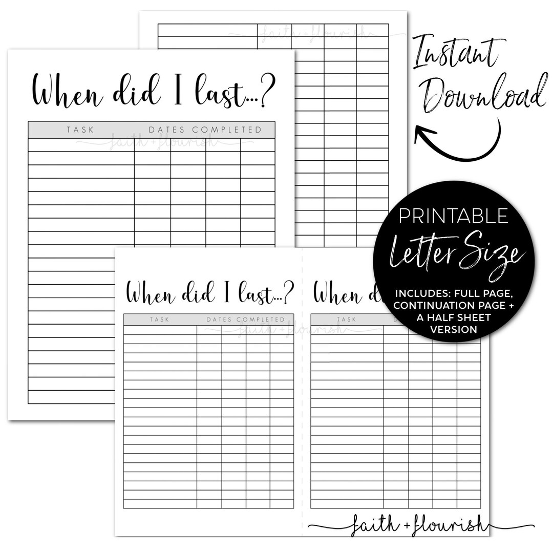 Printable When Did I Last Organization Sheet, Daily Task Journal Log ...