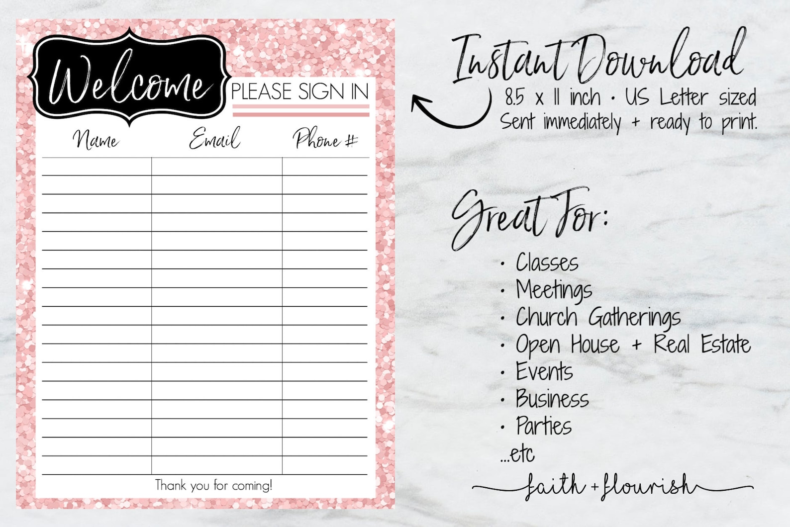 Pink Printable Sign in Sheet | Name Email and Phone Number Contact Info ...