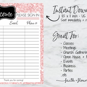 Pink Printable Sign in Sheet | Name Email and Phone Number Contact Info ...
