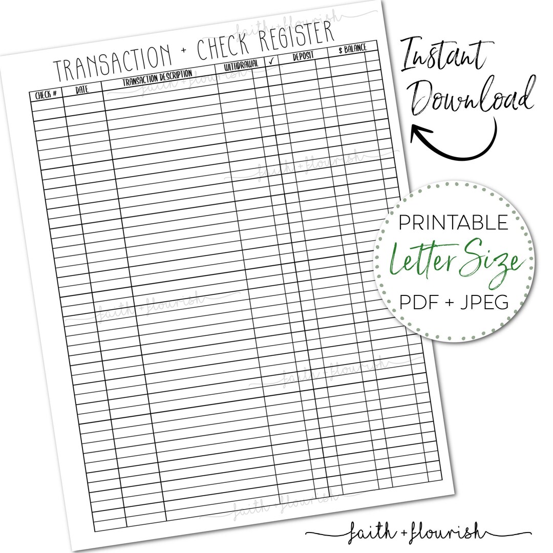 Printable Transaction + Check Register Sheet Page, Finance + Banking ...