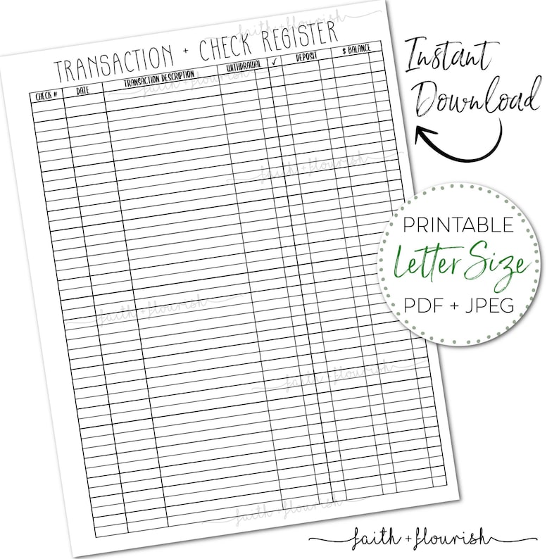 Printable Transaction + Check Register Sheet Page, Finance + Banking ...