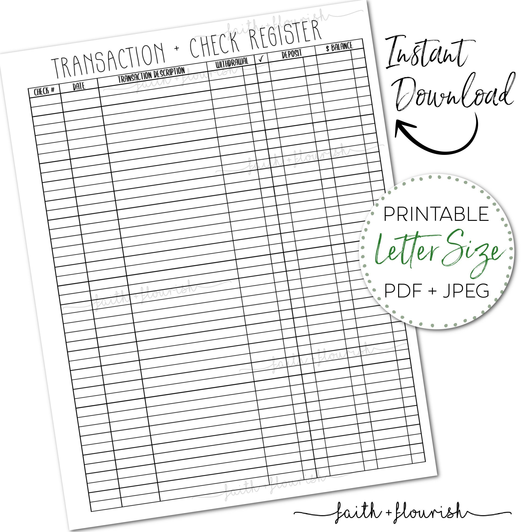 Printable Transaction Check Register Sheet Page Finance Etsy