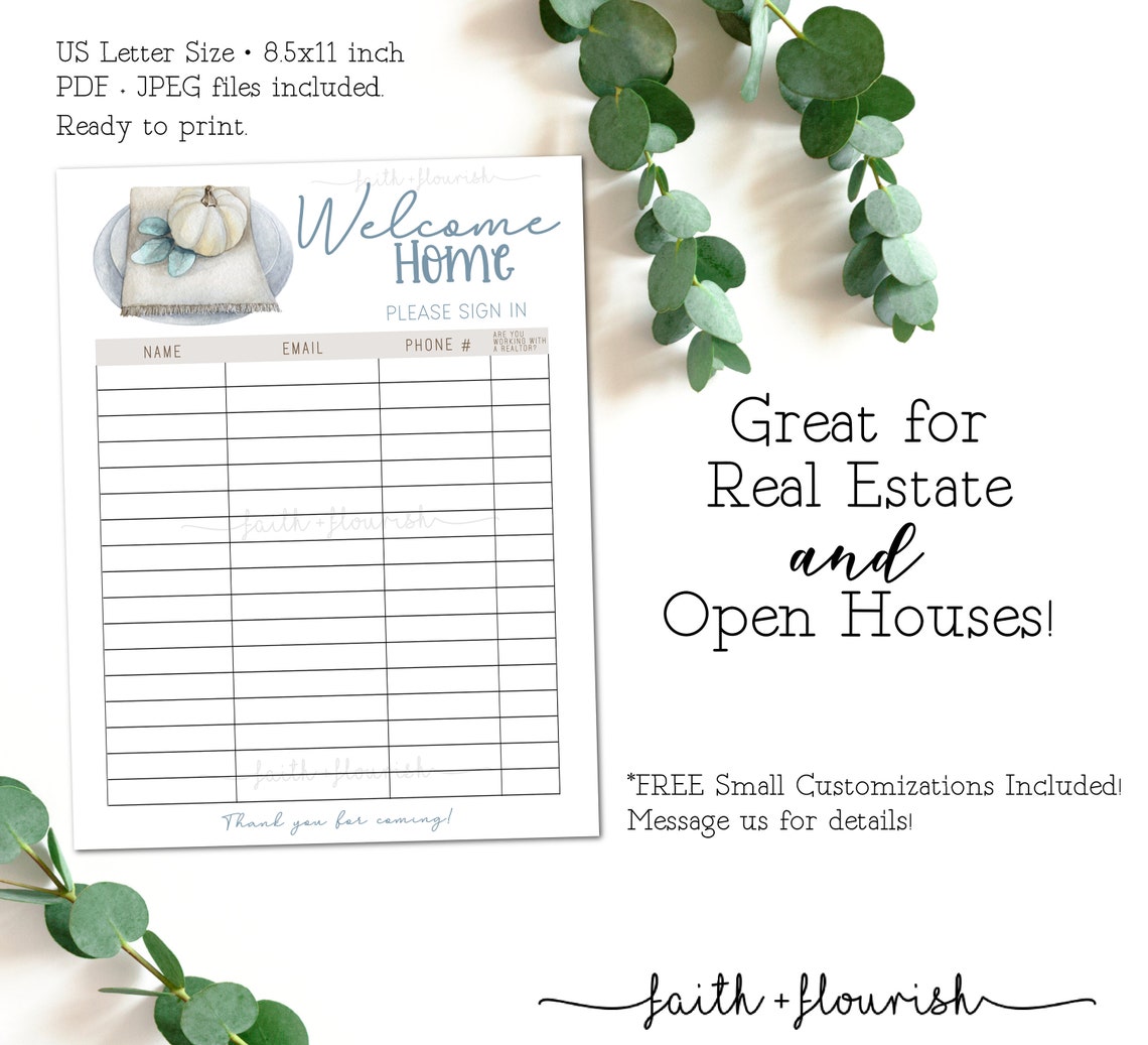 Printable Welcome Home Real Estate and Open House Sign in Sheet, Simple ...