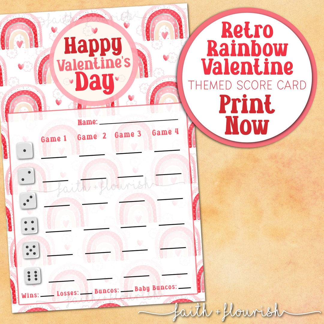 Printable Retro Rainbow Valentine Bunco Score Card Sheet, Valentine's ...