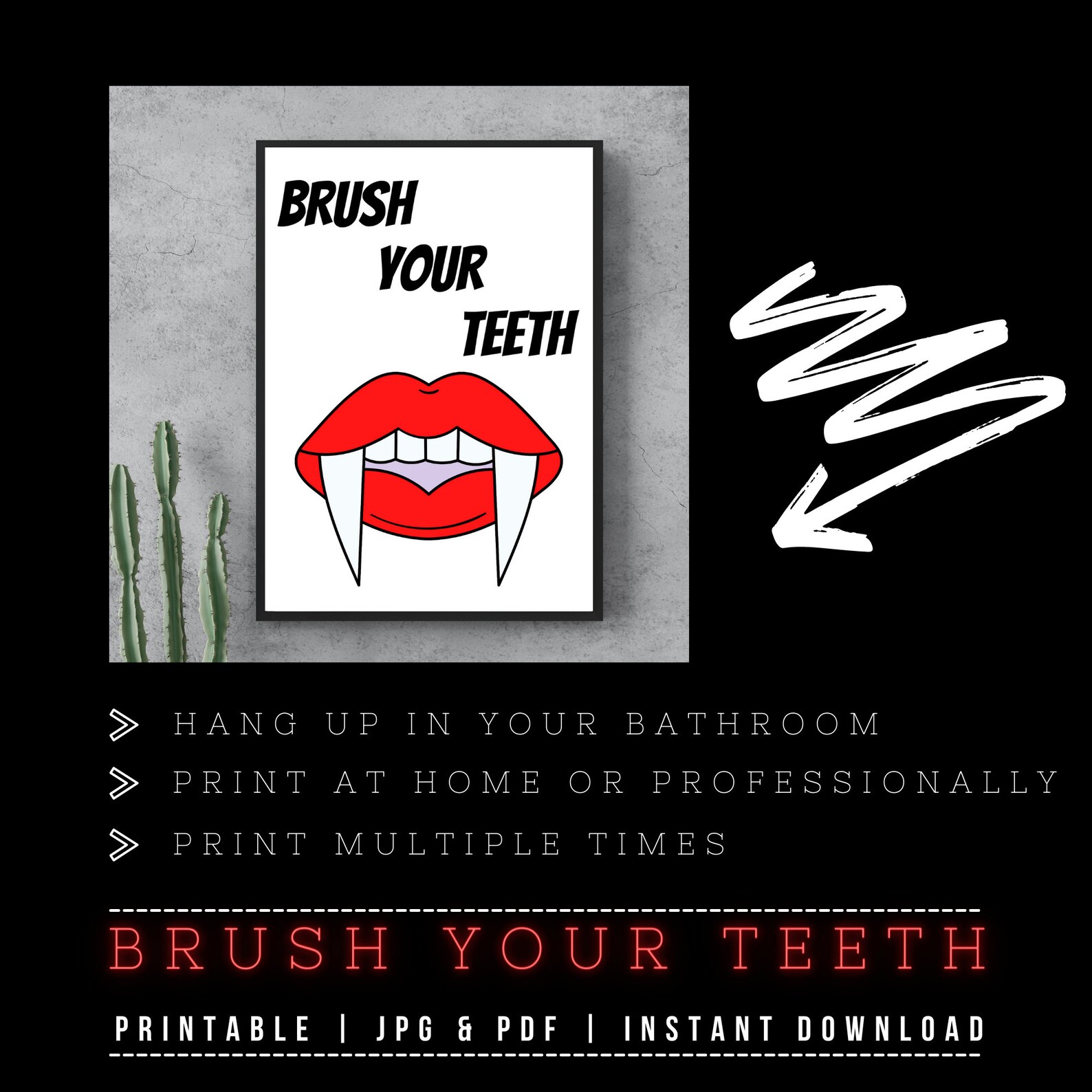 Brush Your Teeth Sign Poster / Red Lips and Fangs / Print to A5 A4 A3 ...