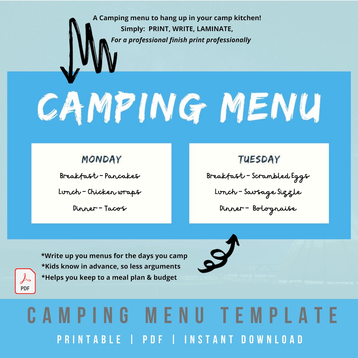Camping Menu Printable / Camping Meal Plan / PDF / Instant Download ...