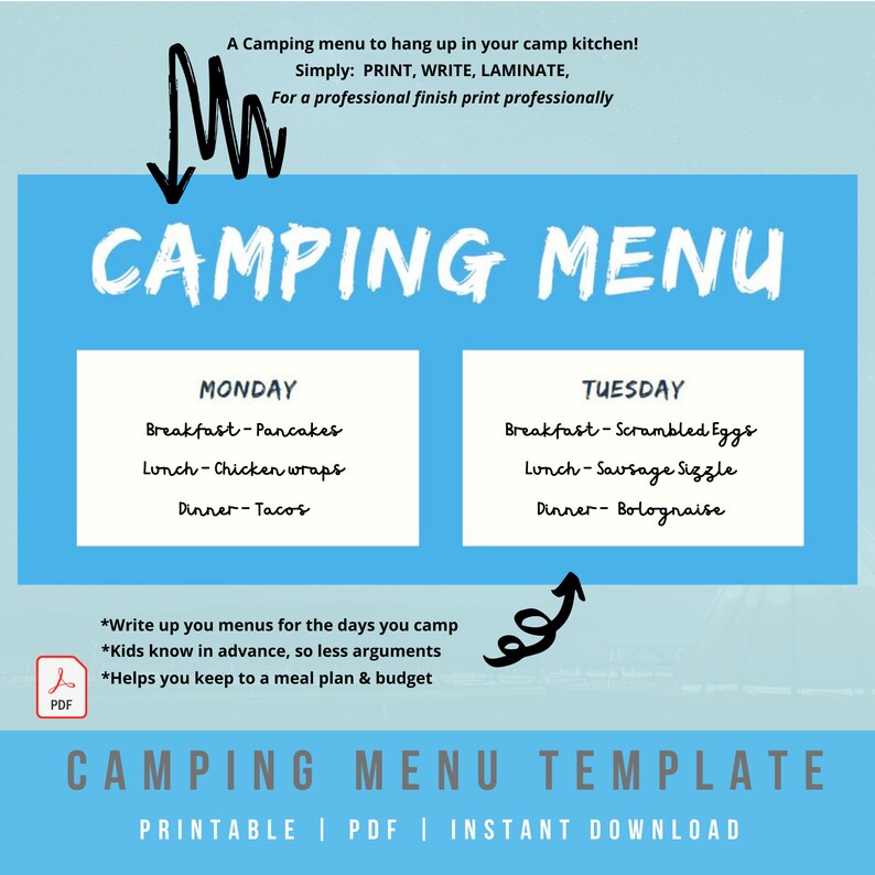 Camping Menu Printable / Camping Meal Plan / PDF / Instant Download ...