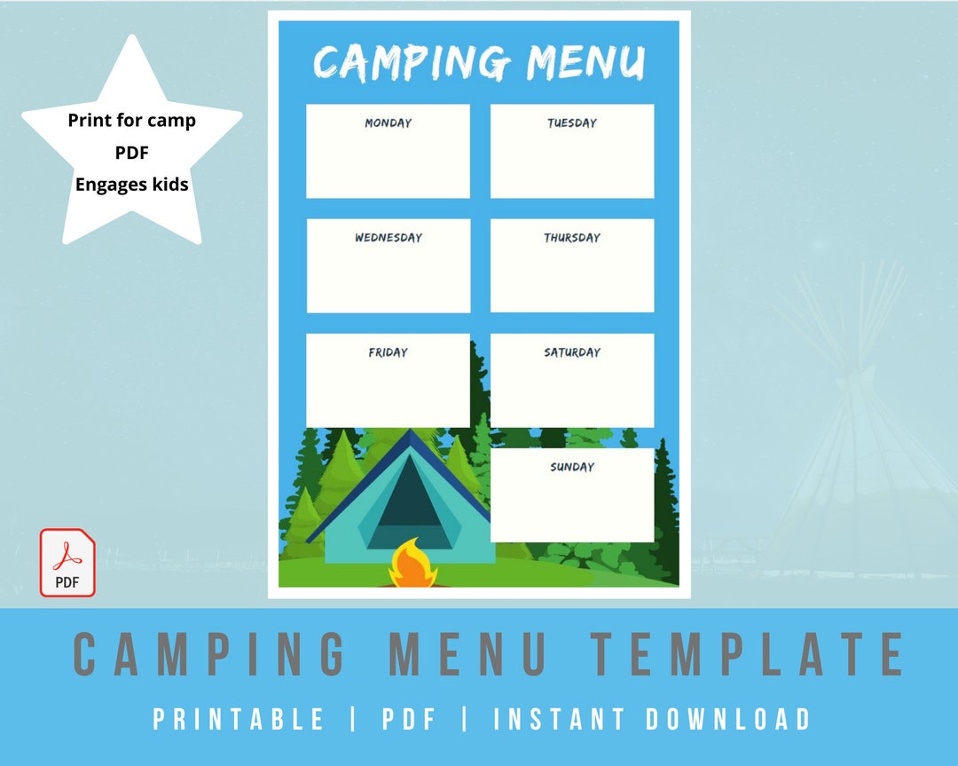 Camping Menu Printable / Camping Meal Plan / PDF / Instant Download ...