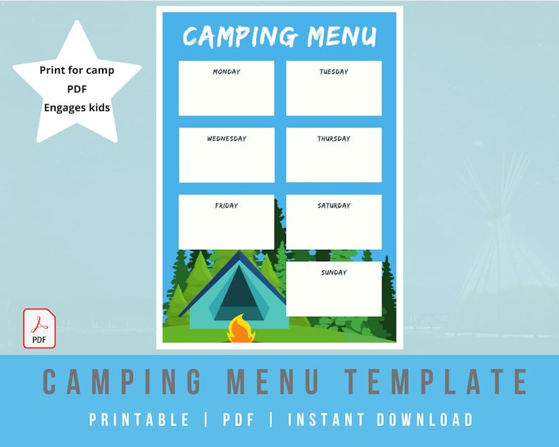 Camping Menu Printable / Camping Meal Plan / PDF / Instant Download ...