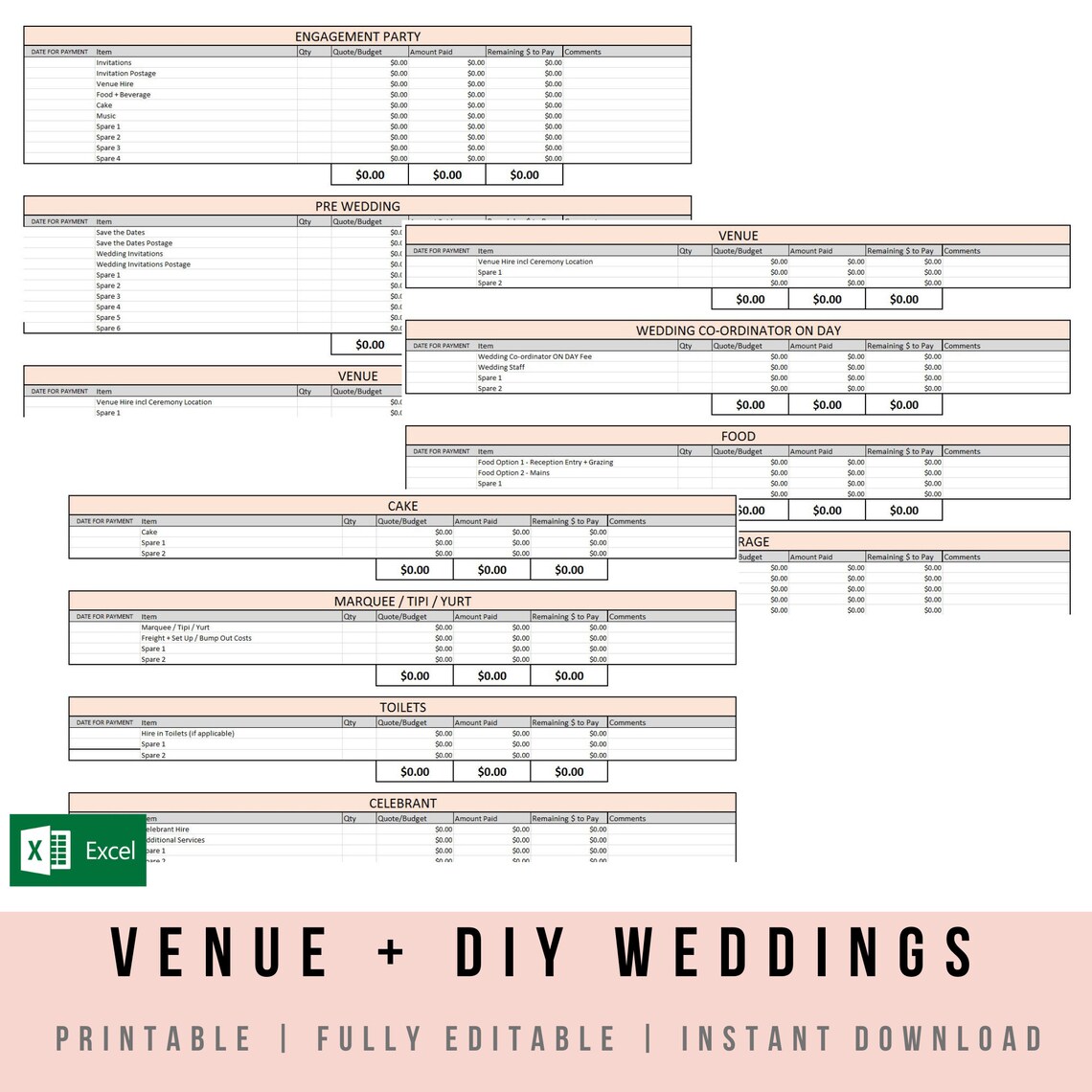 Wedding Planner Excel / Wedding Budget / Event Run Sheet - Excel ...