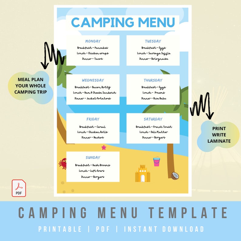 Camping Menu Printable / Camping Meal Plan / PDF / Instant Download ...