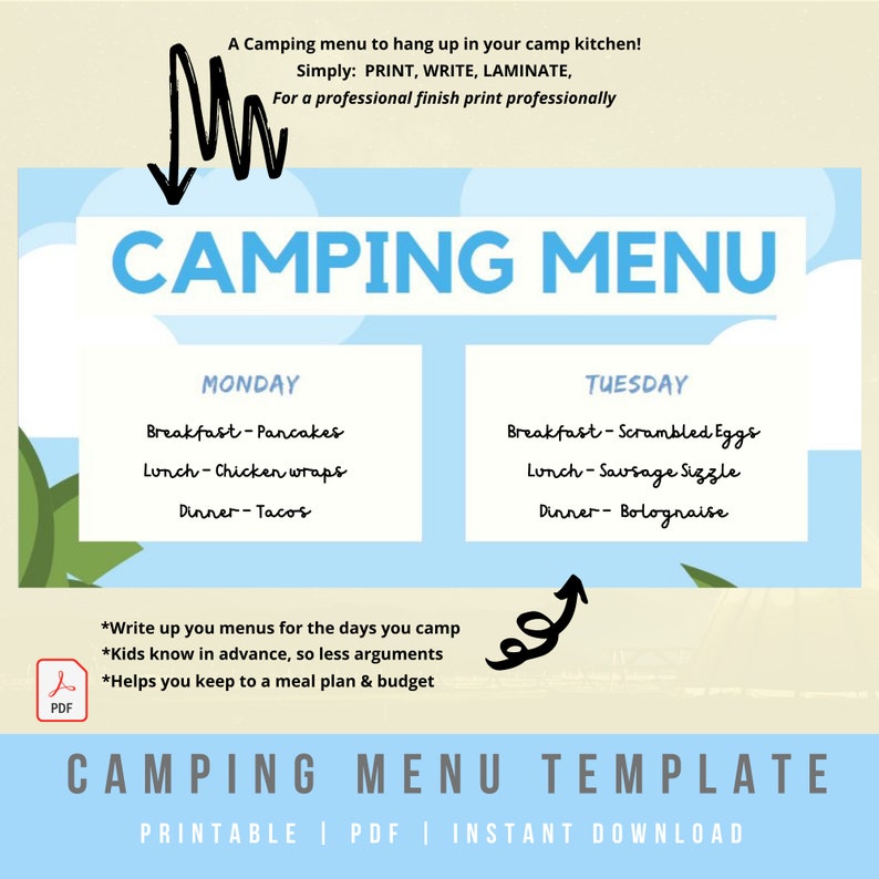 Camping Menu Printable / Camping Meal Plan / PDF / Instant Download ...