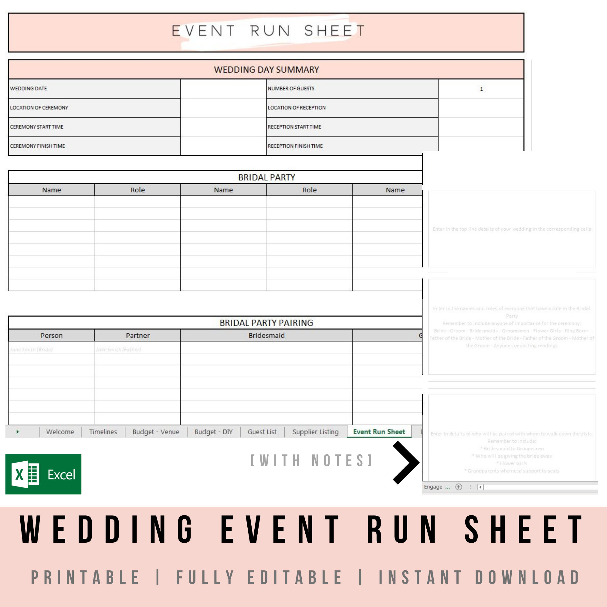 Wedding Planner Excel / Wedding Budget / Event Run Sheet - Excel ...