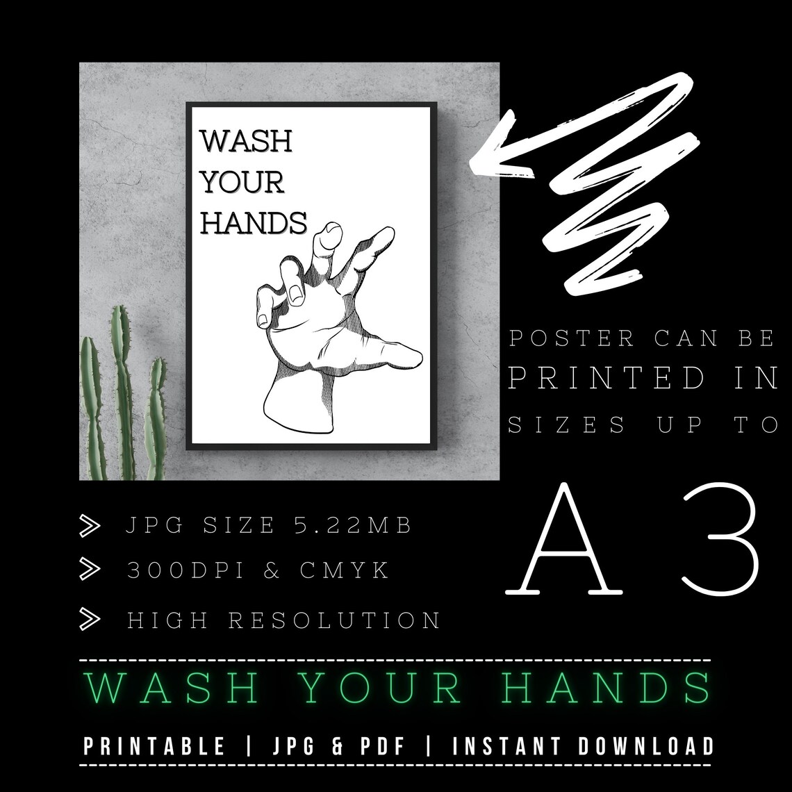 Wash Your Hands Sign Poster / Hand / Print to A5 A4 A3 / PDF / JPG ...