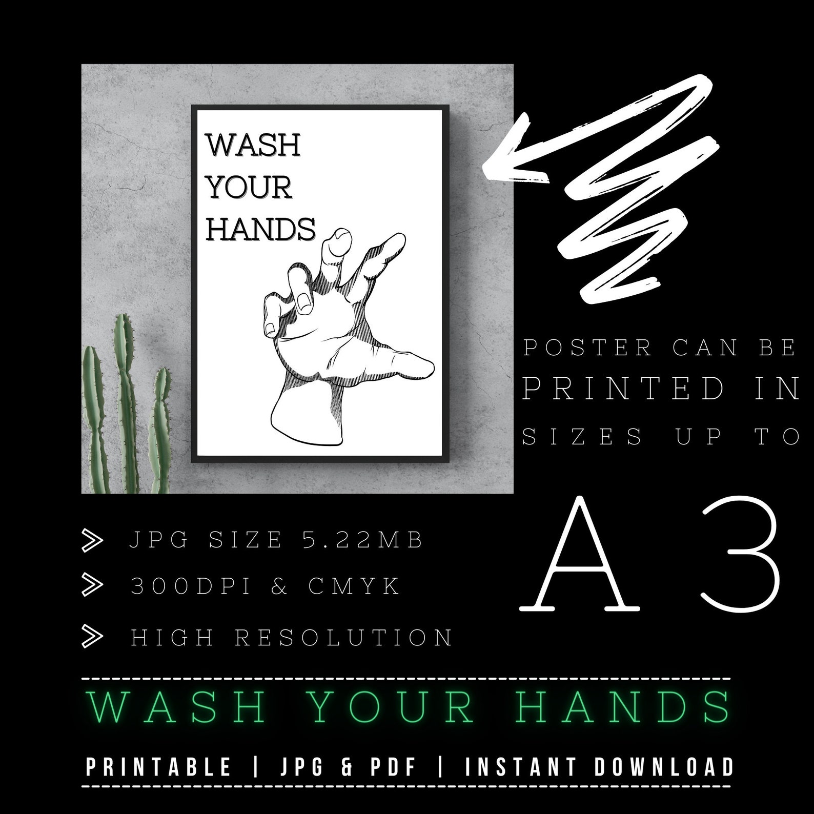 Wash Your Hands Sign Poster / Hand / Print to A5 A4 A3 / PDF / JPG ...