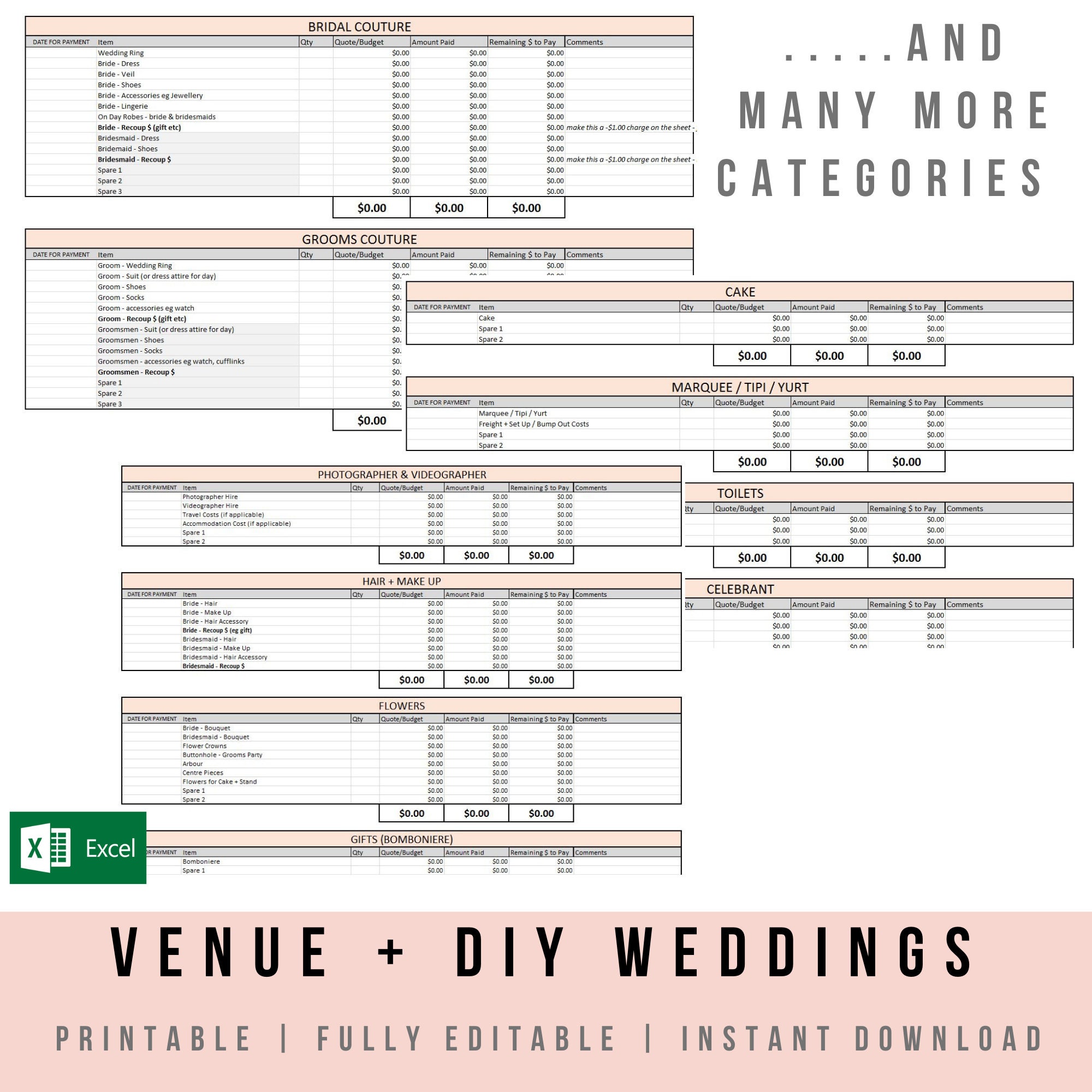 Planificador de bodas Excel / Presupuesto de la boda / Hoja de ...