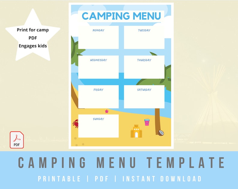 Camping Menu Printable / Camping Meal Plan / PDF / Instant Download ...