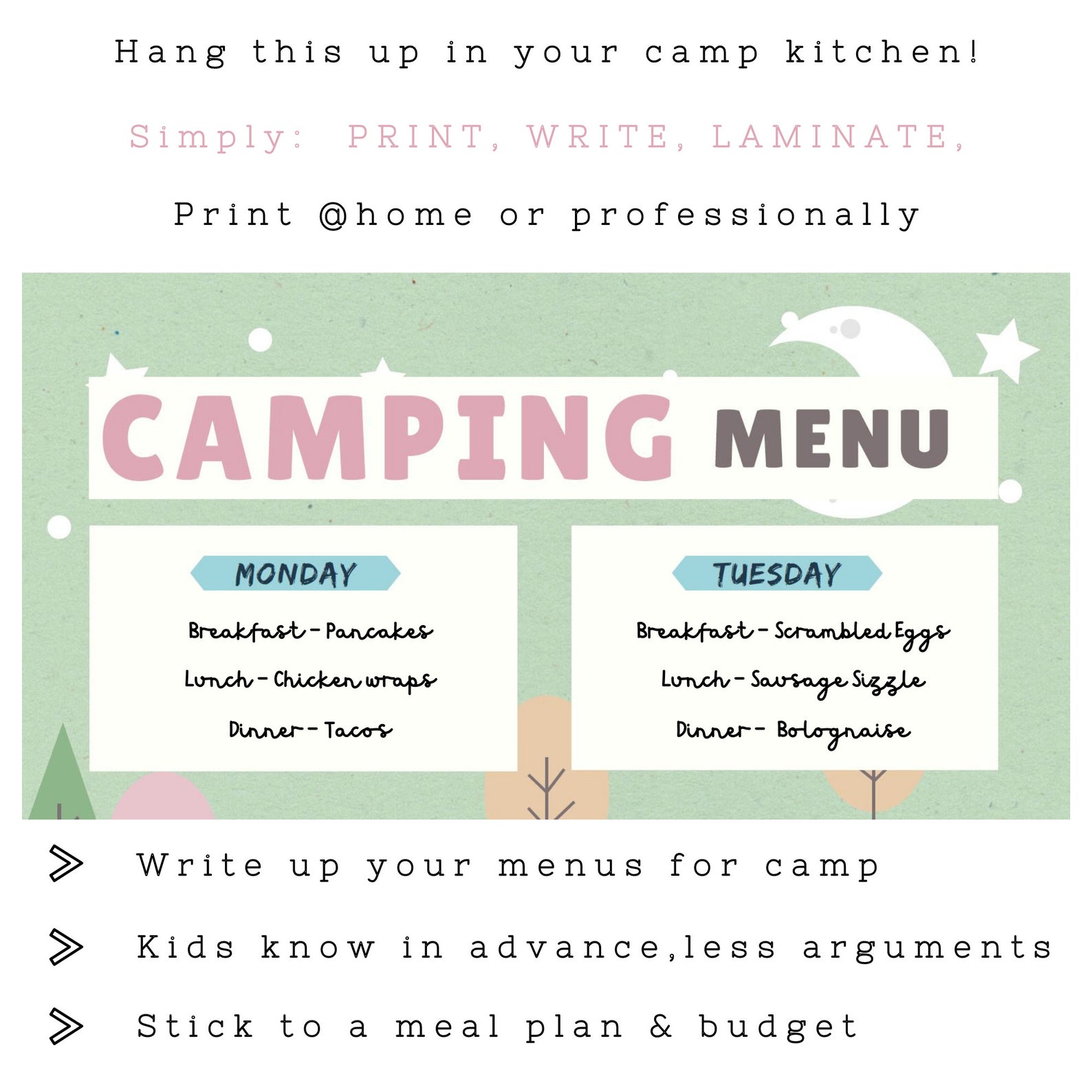 Camping Menu Printable / Family Camping Holiday / Budget Meal Planning ...