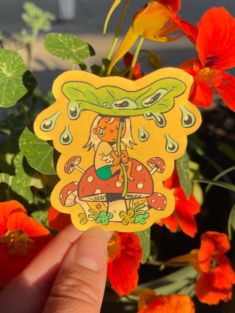 Sad Gal on a Mushroom With a Leaf Umbrella Sticker - Etsy