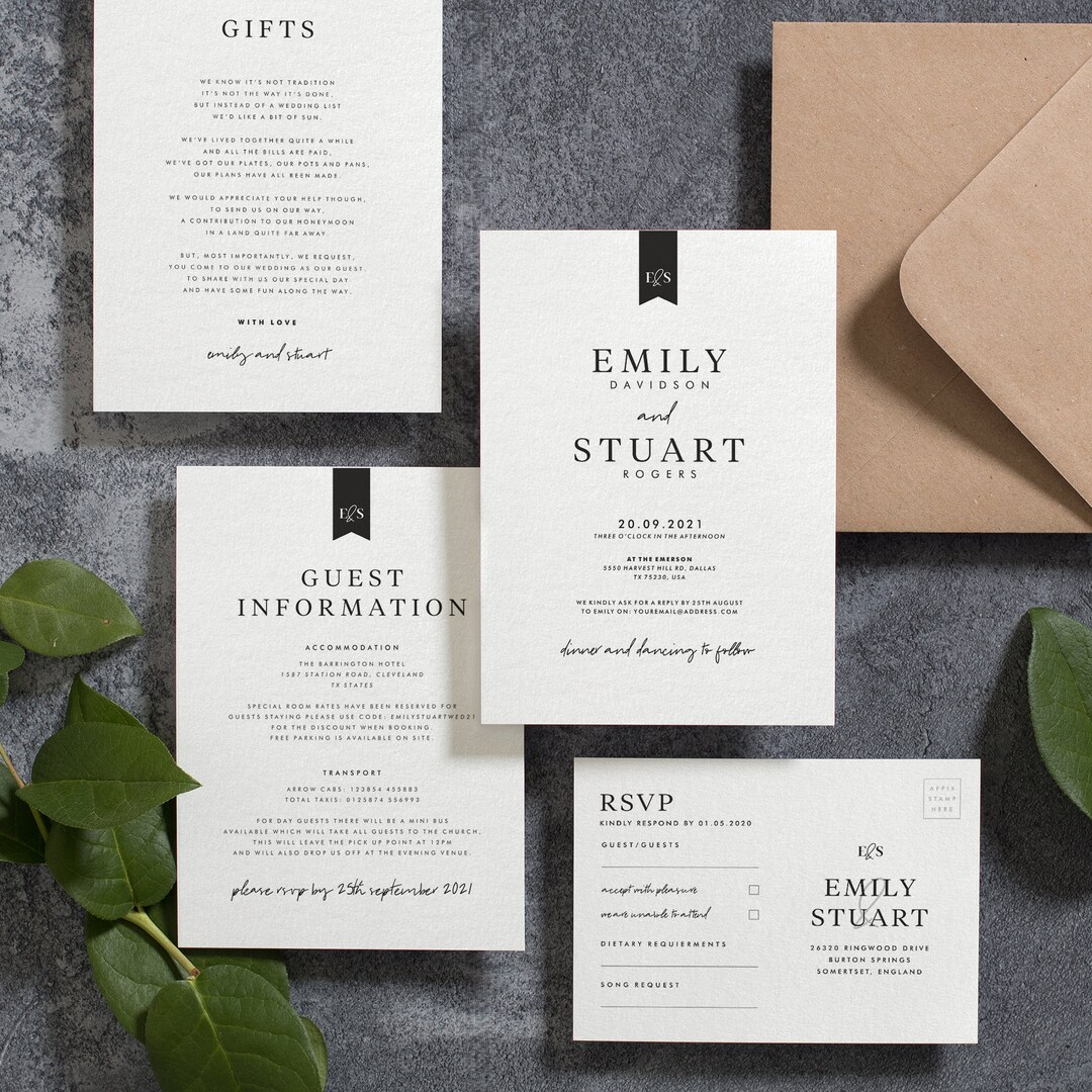 Wedding Invitation Set Simple Wedding Invite With Envelopes - Etsy