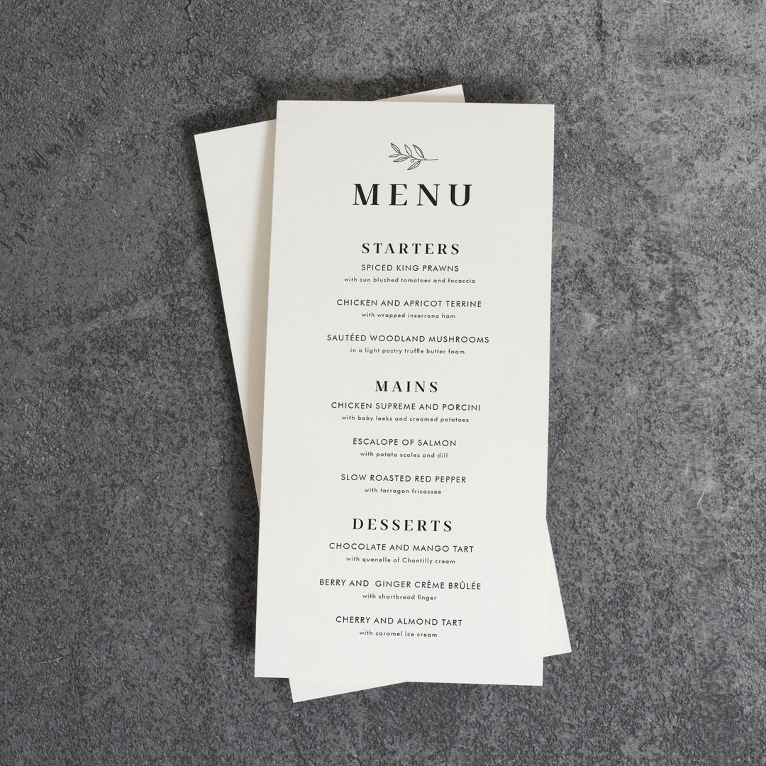 Modern Wedding Menu Cards With Elegant Leaf, Dinner Menu Cards With ...
